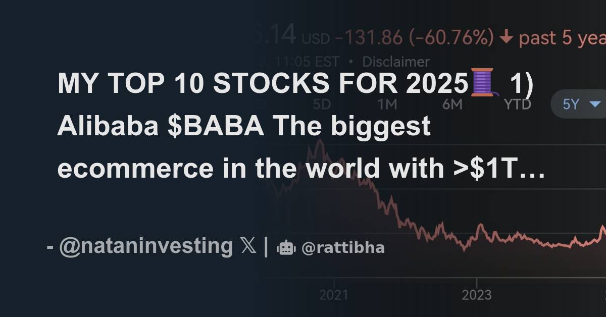 MY TOP 10 STOCKS FOR 2025🧵 1) Alibaba $BABA The biggest ecommerce in ...